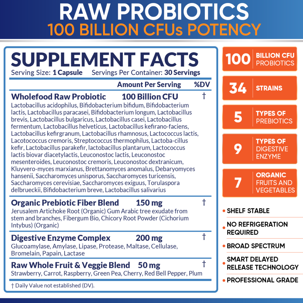 Raw Probiotics 100 Billion CFU Organic With Prebiotics, Digestive ...