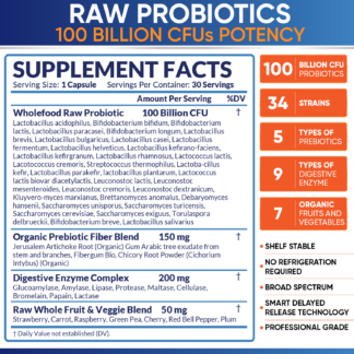 Raw Probiotics 100 Billion CFU Organic With Prebiotics, Digestive ...