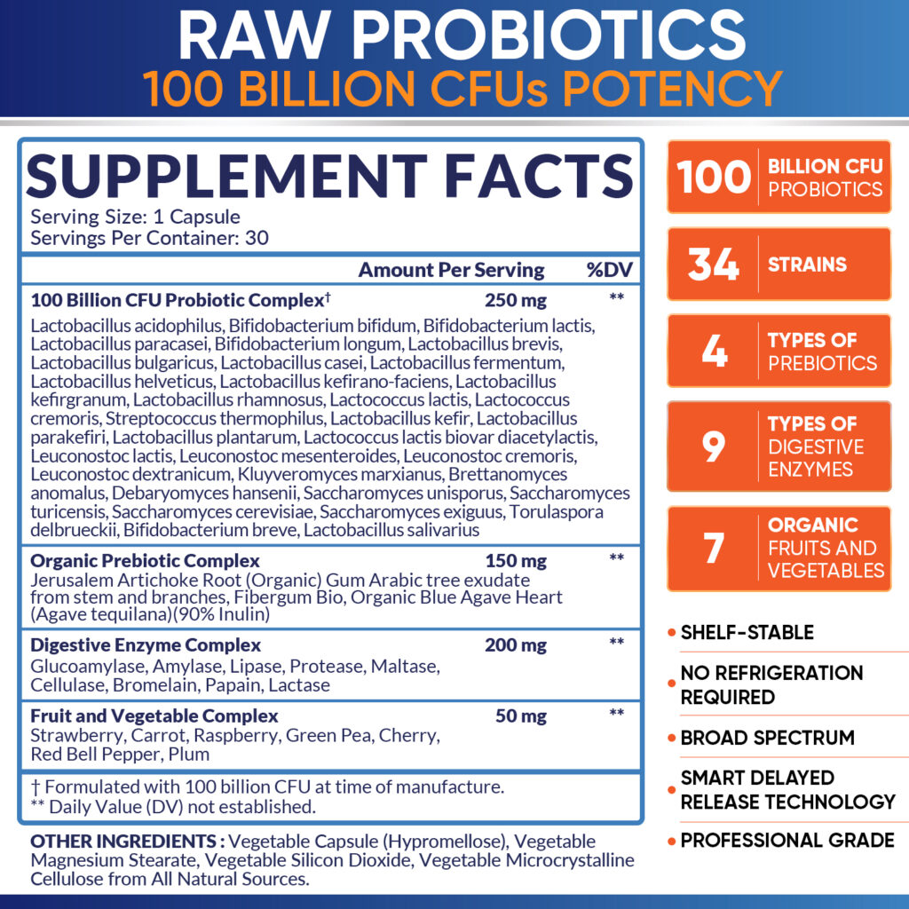 Raw Probiotics 100 Billion CFU Organic With Prebiotics, Digestive ...