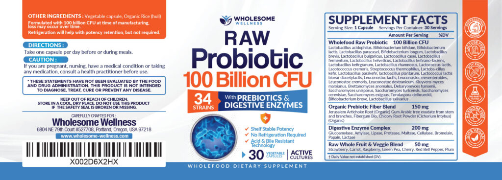 Raw Probiotics 100 Billion CFU Organic With Prebiotics, Digestive ...